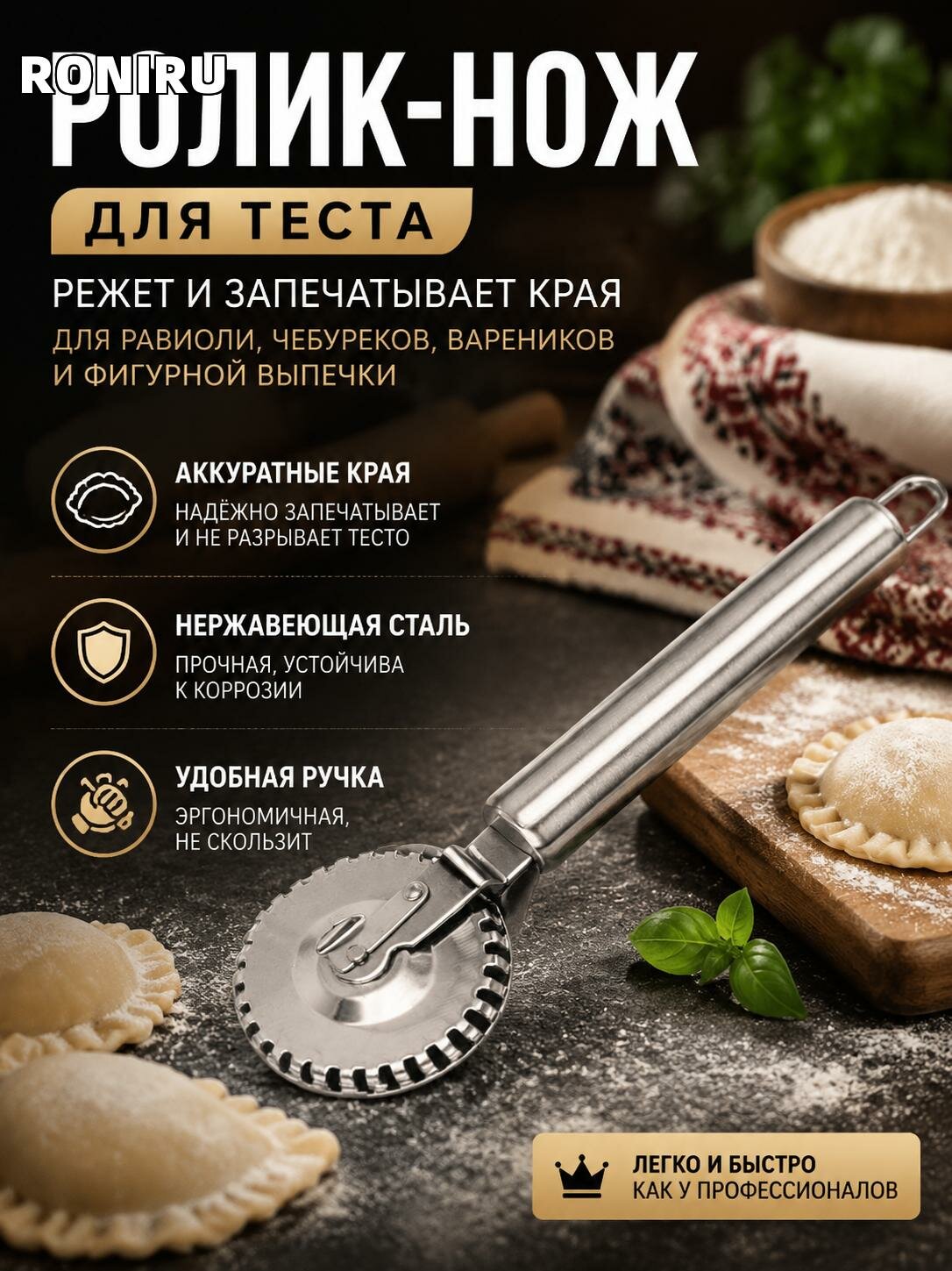 Ролик-нож для теста — режет и запечатывает края для равиоли, чебуреков, вареников и фигурной выпечки — ручка, сталь