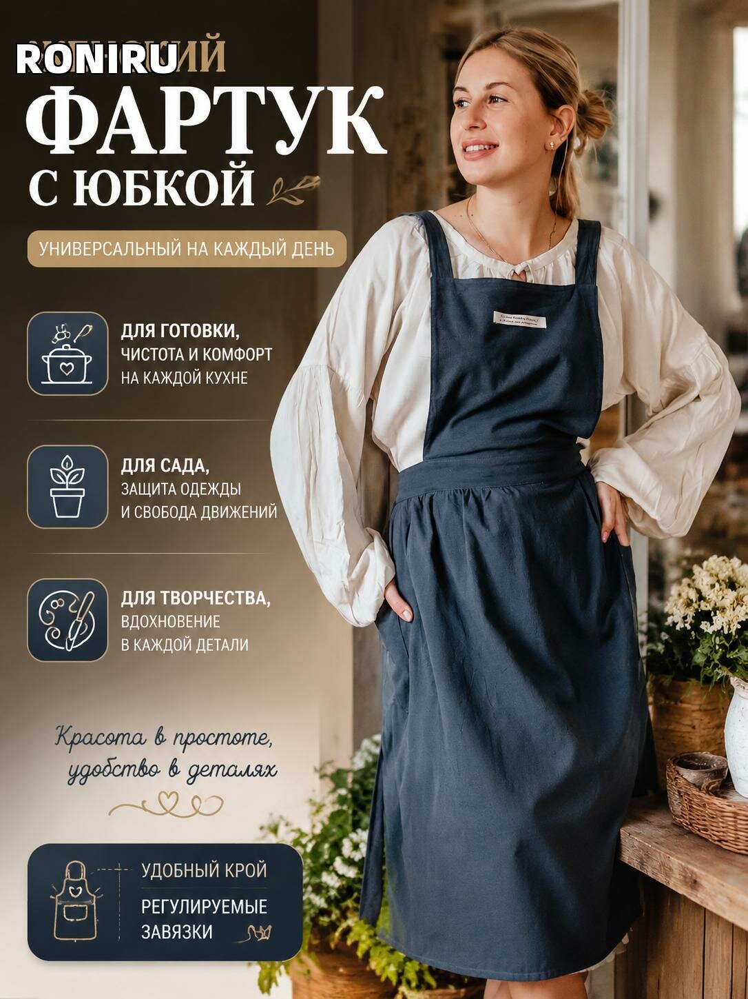 Женский фартук с юбкой — универсальный фартук для готовки, сада и творчества, удобный крой и регулируемые завязки