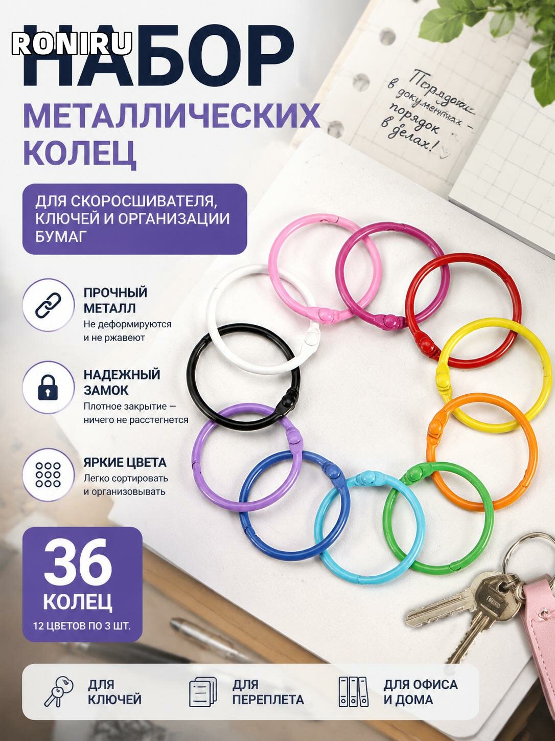 Набор 36 металлических колец для скоросшивателя — кольца для ключей, переплета и организация бумаг дома и в офисе