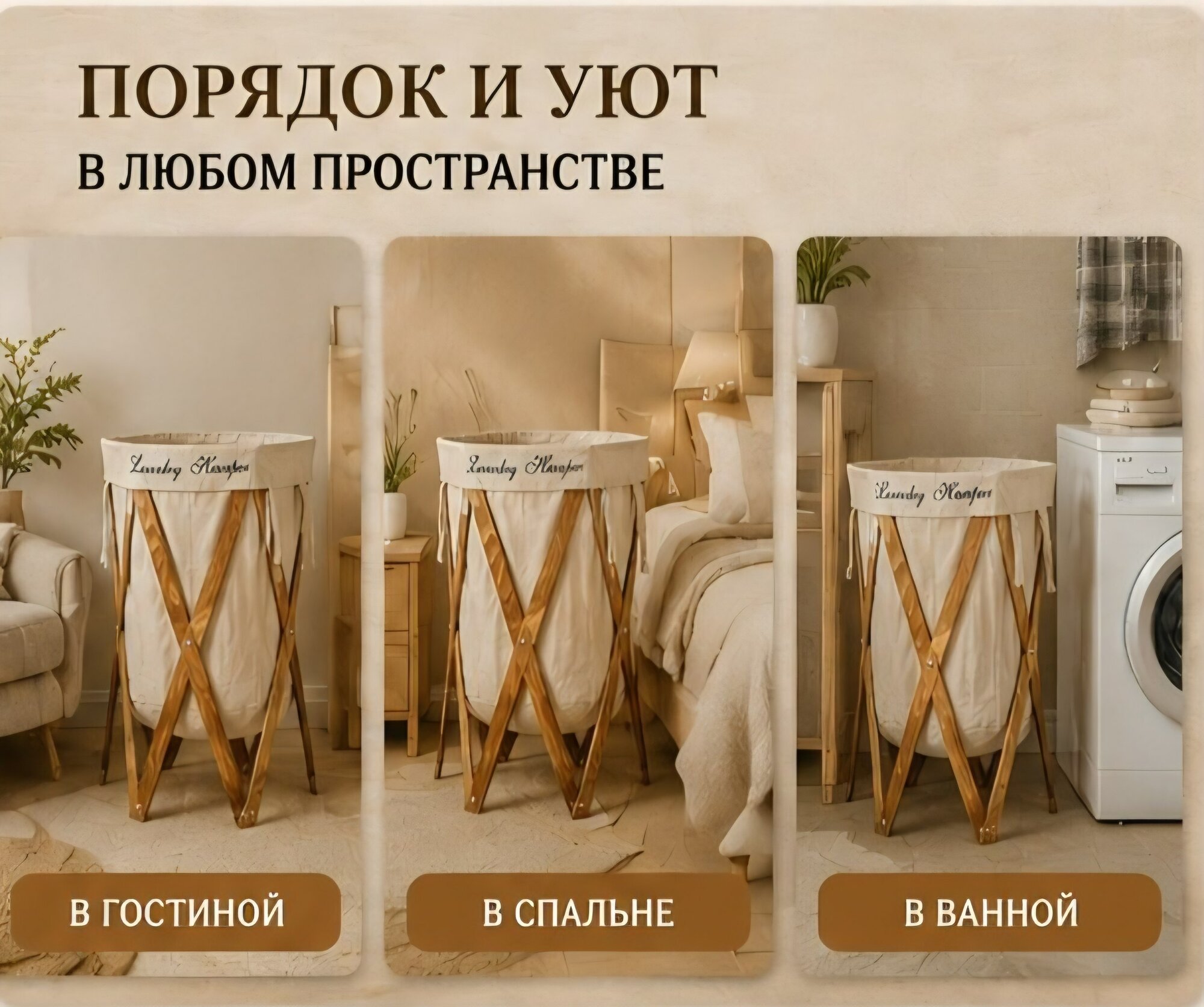 Белая корзина на деревянных ножках для хранения вещей/белья/игрушек