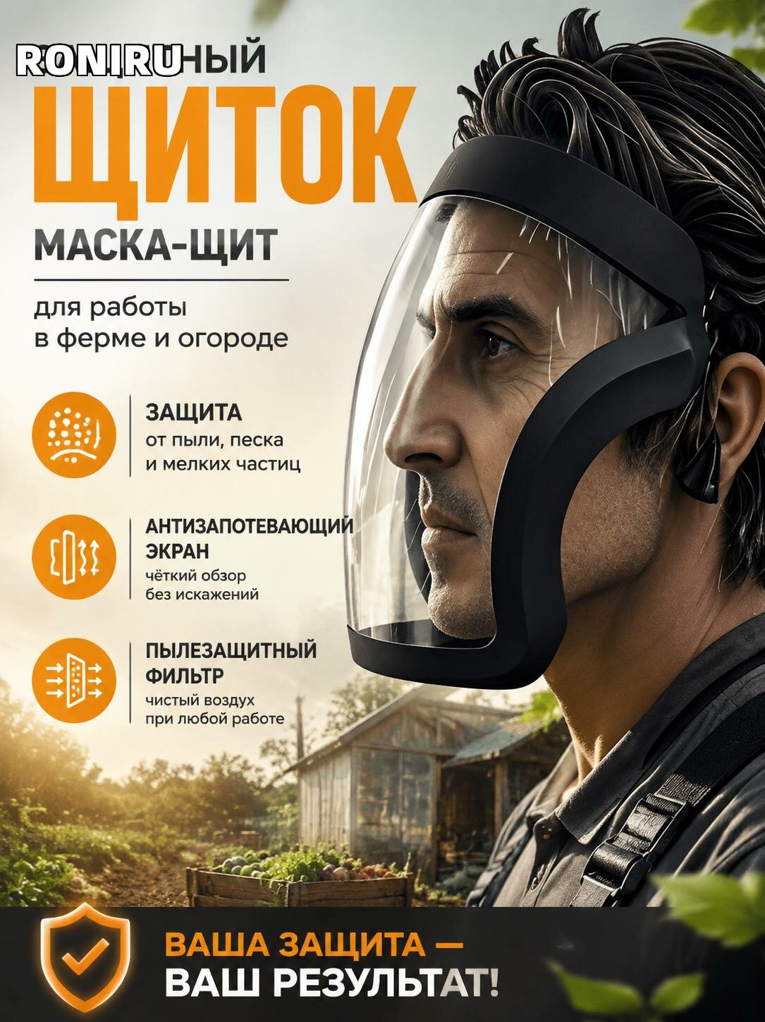 Щиток защитный, маска-щит с противотуманным экраном и пылезащитным фильтром для работы в ферме и огороде