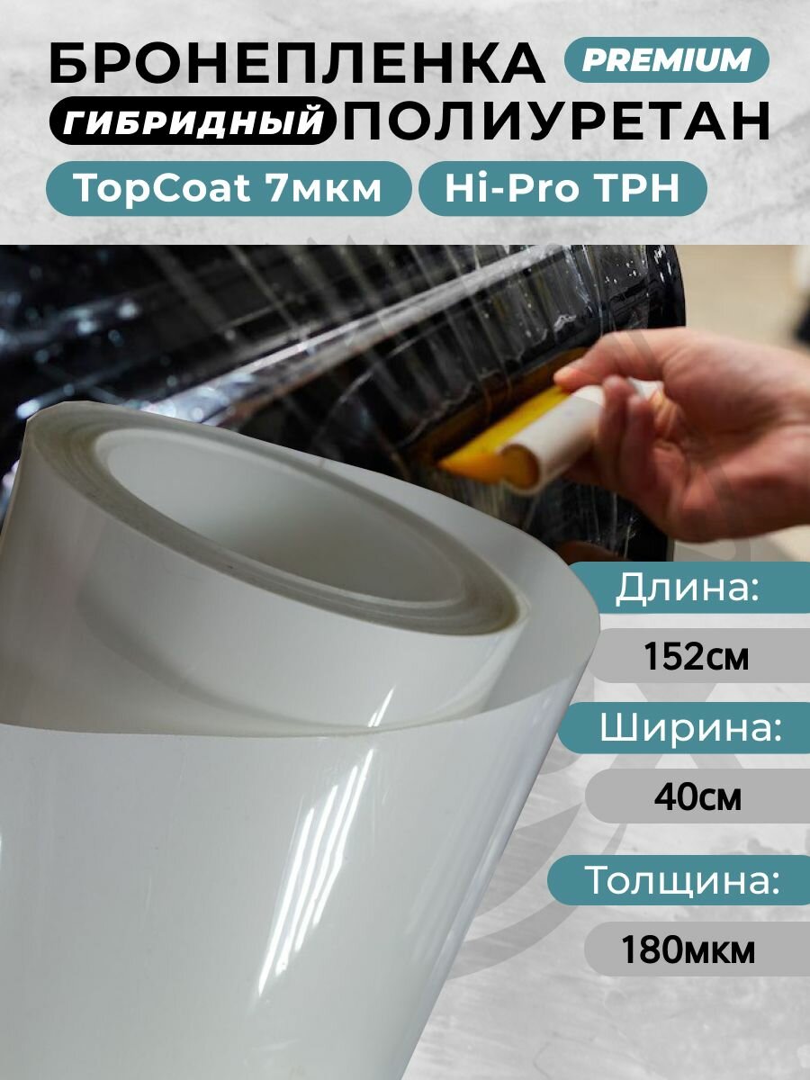 Гибридная бронепленка кузовная прозрачная 180 мкм, 40х152 см, технология Hi Pro TPH, самовосстановление TopCoat, расширенная защита кромок капота, порогов, крыльев и дверей, гидрофобный слой