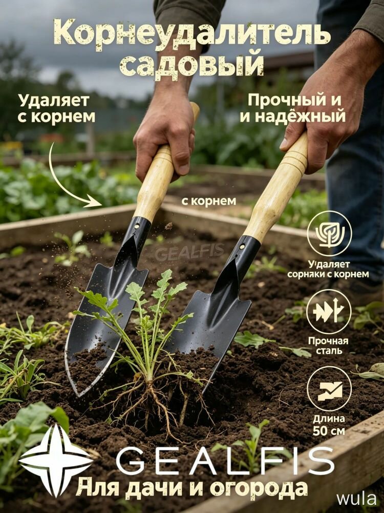 Корнеудалитель садовый, GEALFIS wula, Удаляет с корнем, Длина 50 см, для дачи и огорода, ручная лопата