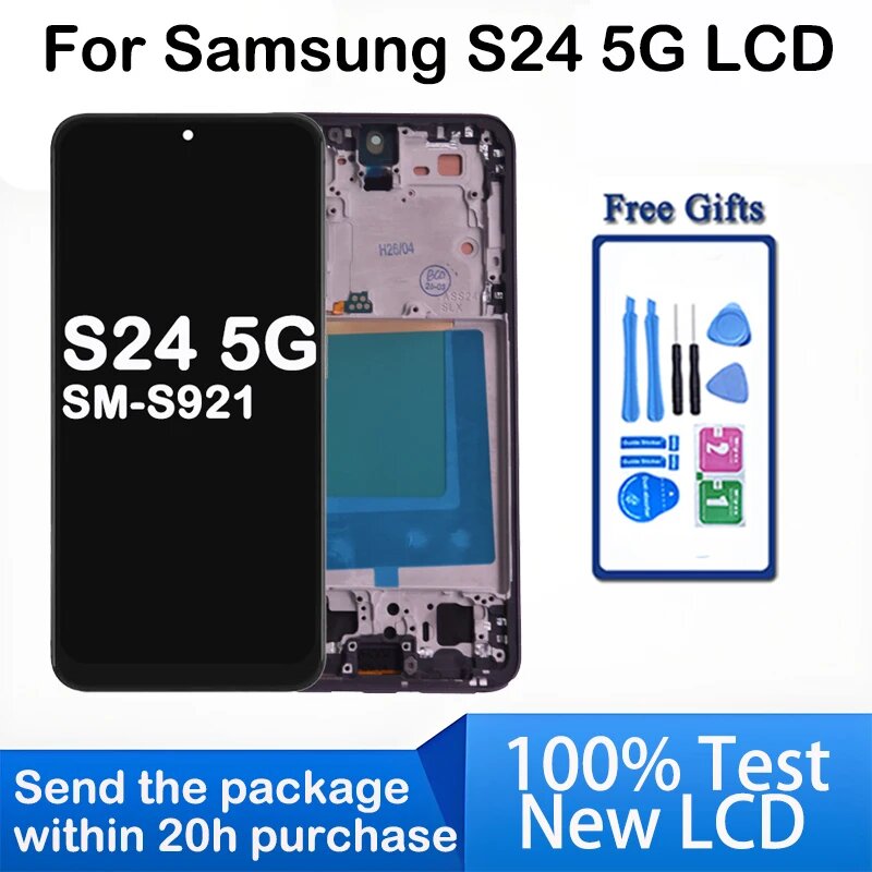100% протестированная сборка дисплея Samsung S24 5G с тачскрином и рамкой для SM-S921B/DS, запчасть для SM-S921B
