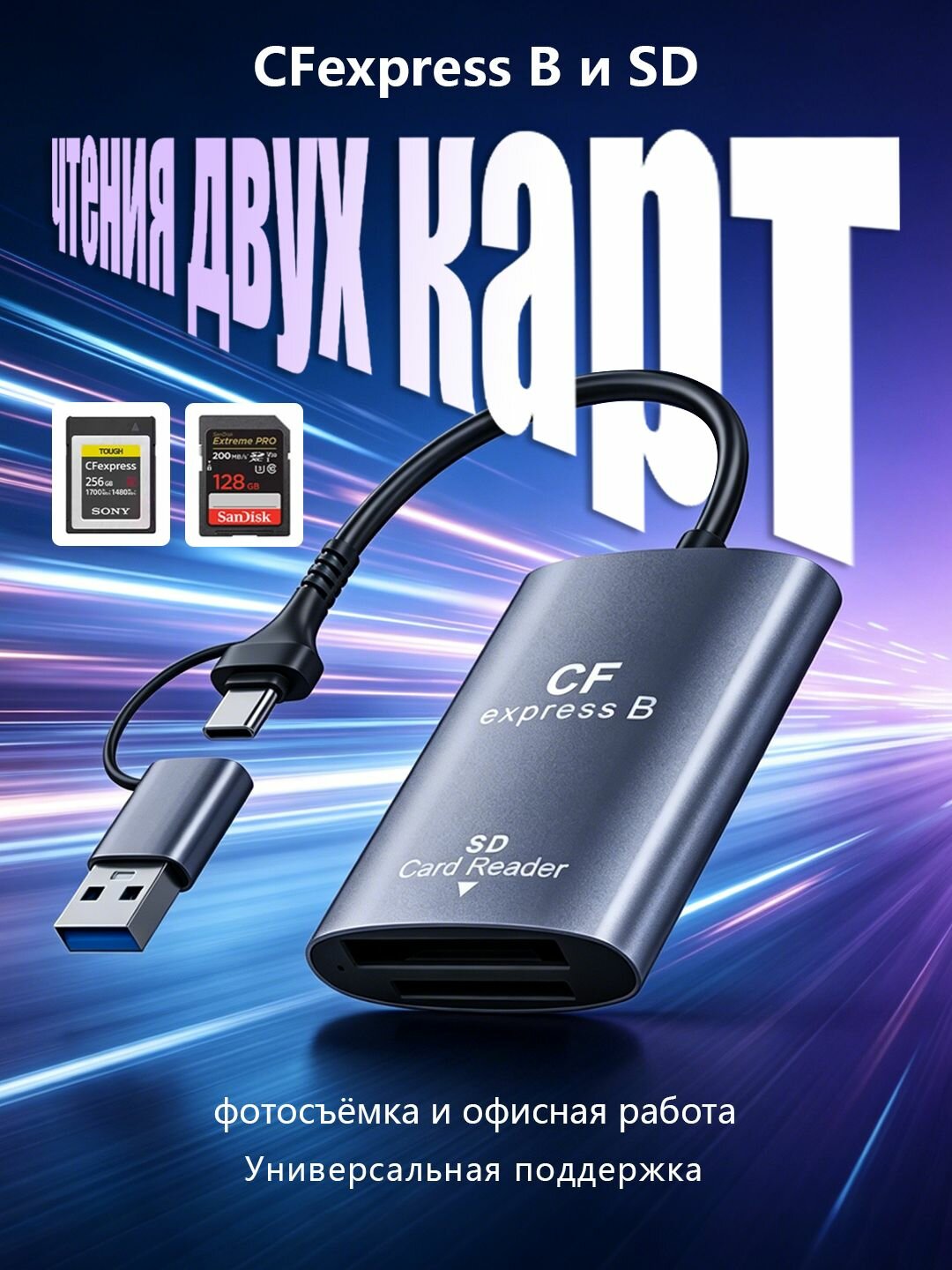 Картридер USB 3.2 Gen2 10 Гбит/с, универсальный с 2 слотами (Type B и SD), для Windows/Mac OS/Linux/Android