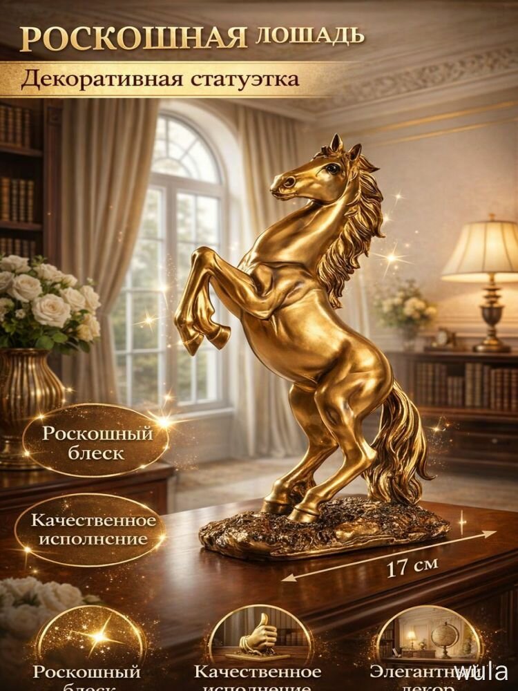 Статуэтка лошади золотая, роскошная, с блеском, 17 см, для дома, декоративная