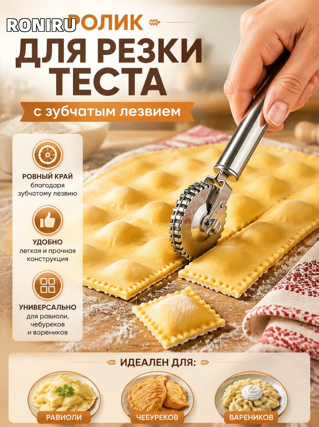 Ролик для резки теста с зубчатым лезвием — универсальный инструмент для равиоли, чебуреков и вареников, удобный.