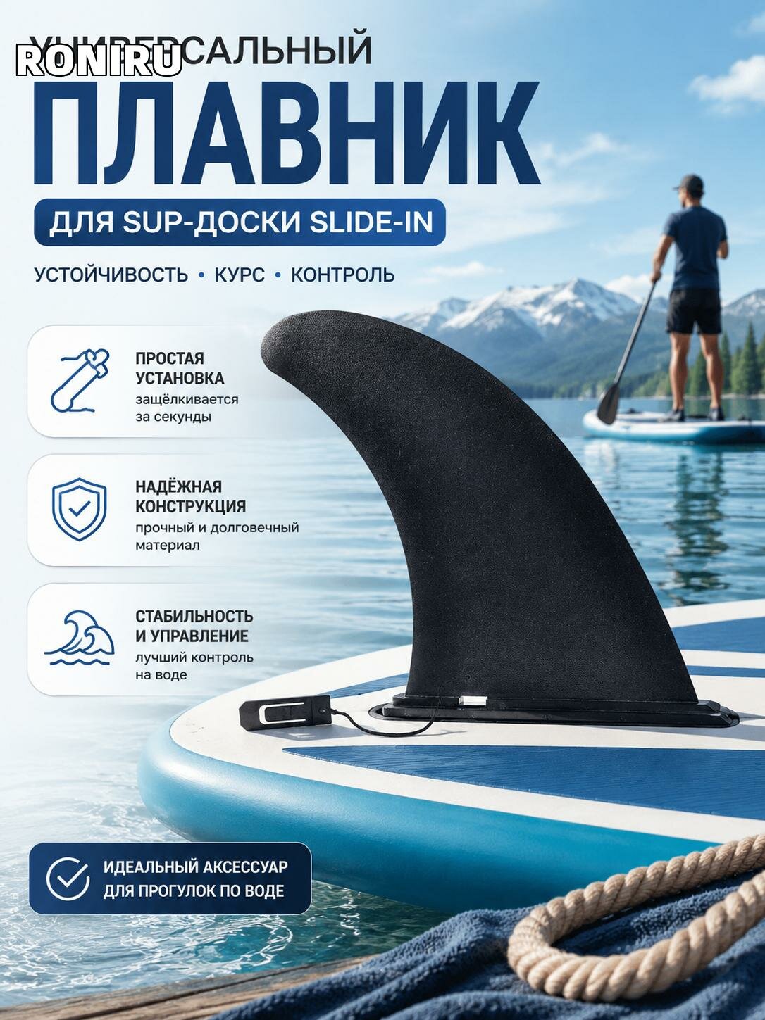 Универсальный плавник для SUP-доски Slide-In — простая установка защёлкой, надёжный аксессуар для прогулок по воде