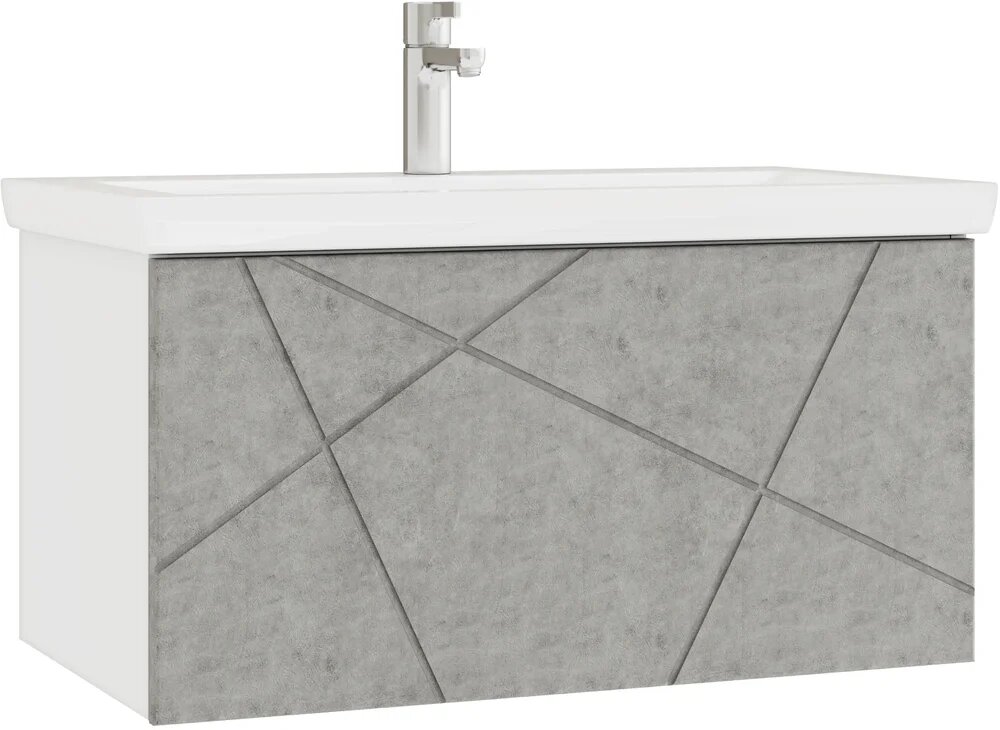 Тумба с раковиной Vigo Geometry 80 подвесная, 80 см, серая, матовая, с ящиками, раковина для ванной, фарфоровая, прямоугольная, встроенный слив-перелив