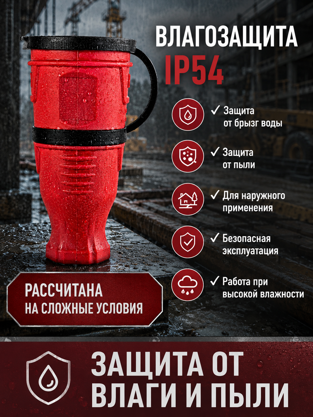 Розетка каучуковая переносная с крышкой и влагозащитой IP54 16A 230B, цвет Красный DYNEL