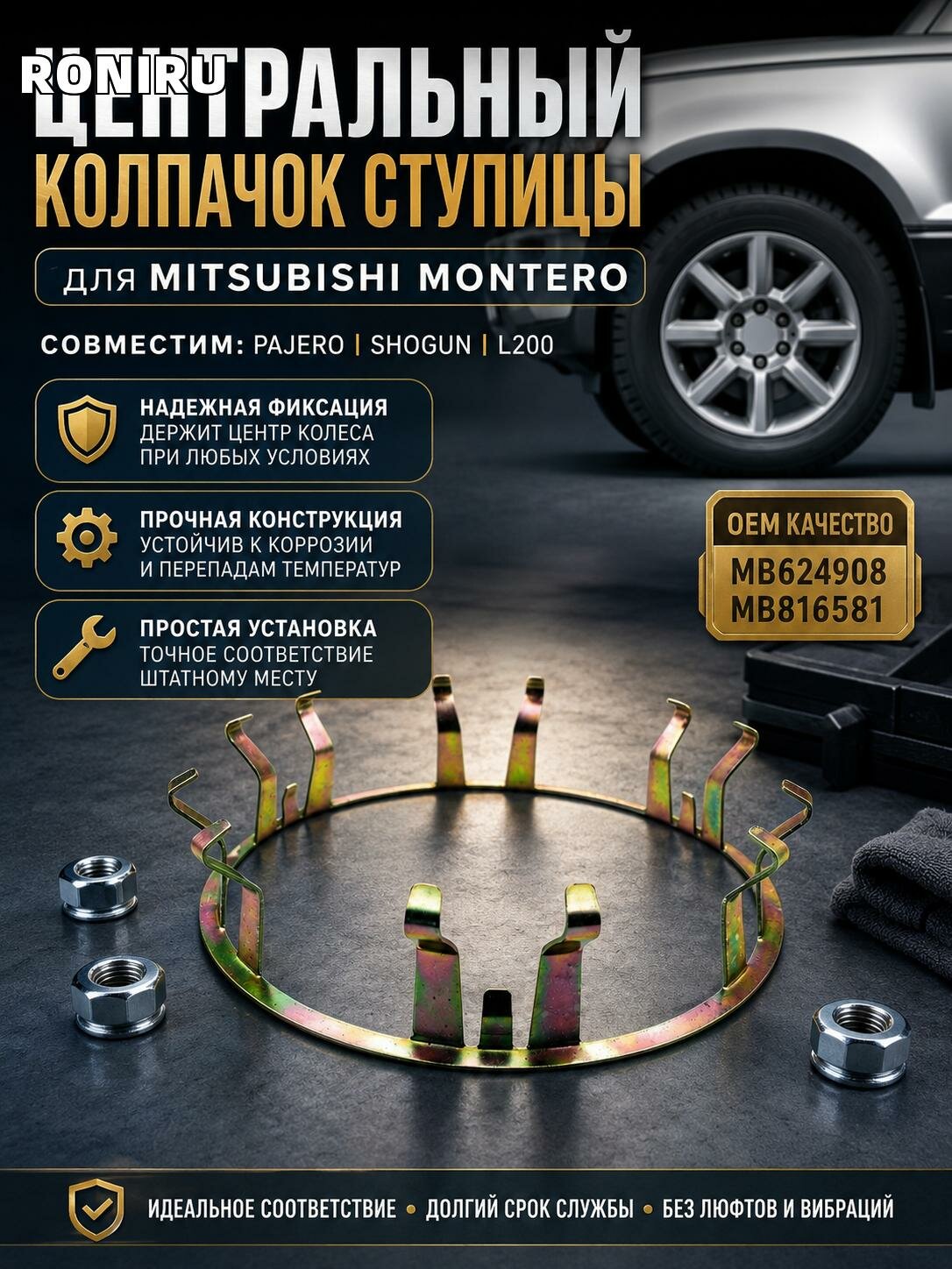 Центральный колпачок для Mitsubishi Montero, совместим с Pajero Shogun L200 — сменная крышка колесного центра с кольцом-паук и фиксатором MB624908 MB816581