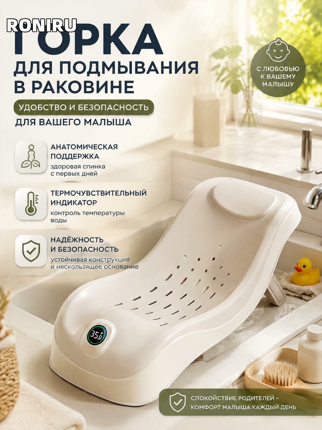 Горка для подмывания в раковине, кресло для купания младенцев с термочувствительным индикатором и анатомической поддержкой позвоночника