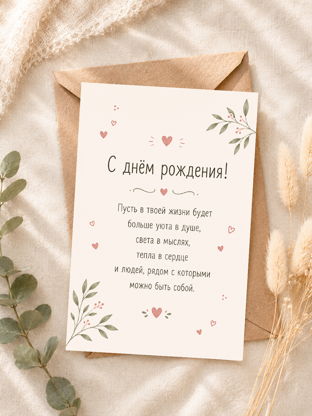 Открытка «С днём рождения» с листьями и сердечками, A6 10×15 см с крафт-конвертом