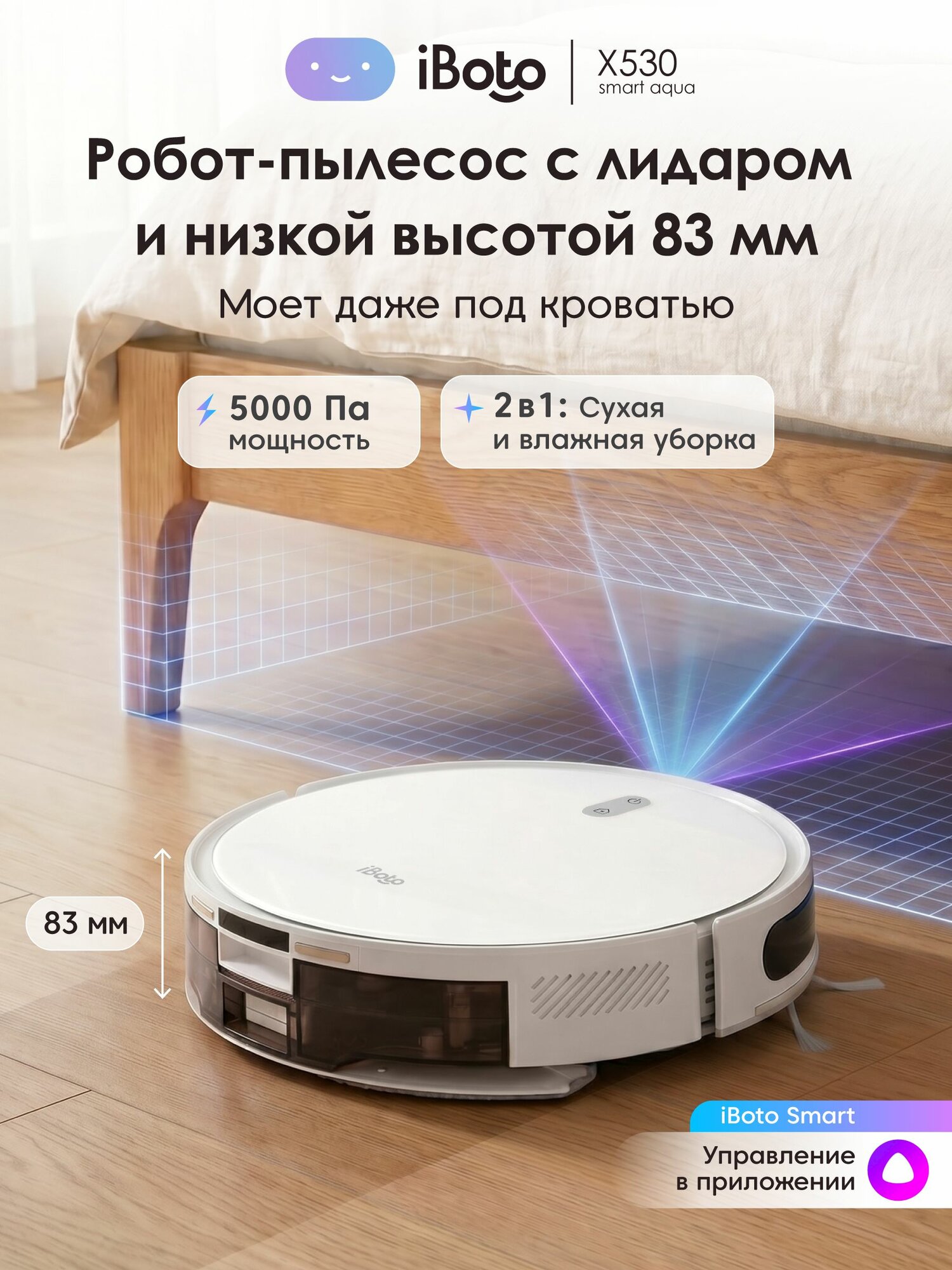 Робот пылесос iBoto X530 с Лидаром, моющий для влажной и сухой уборки, 5000 Па