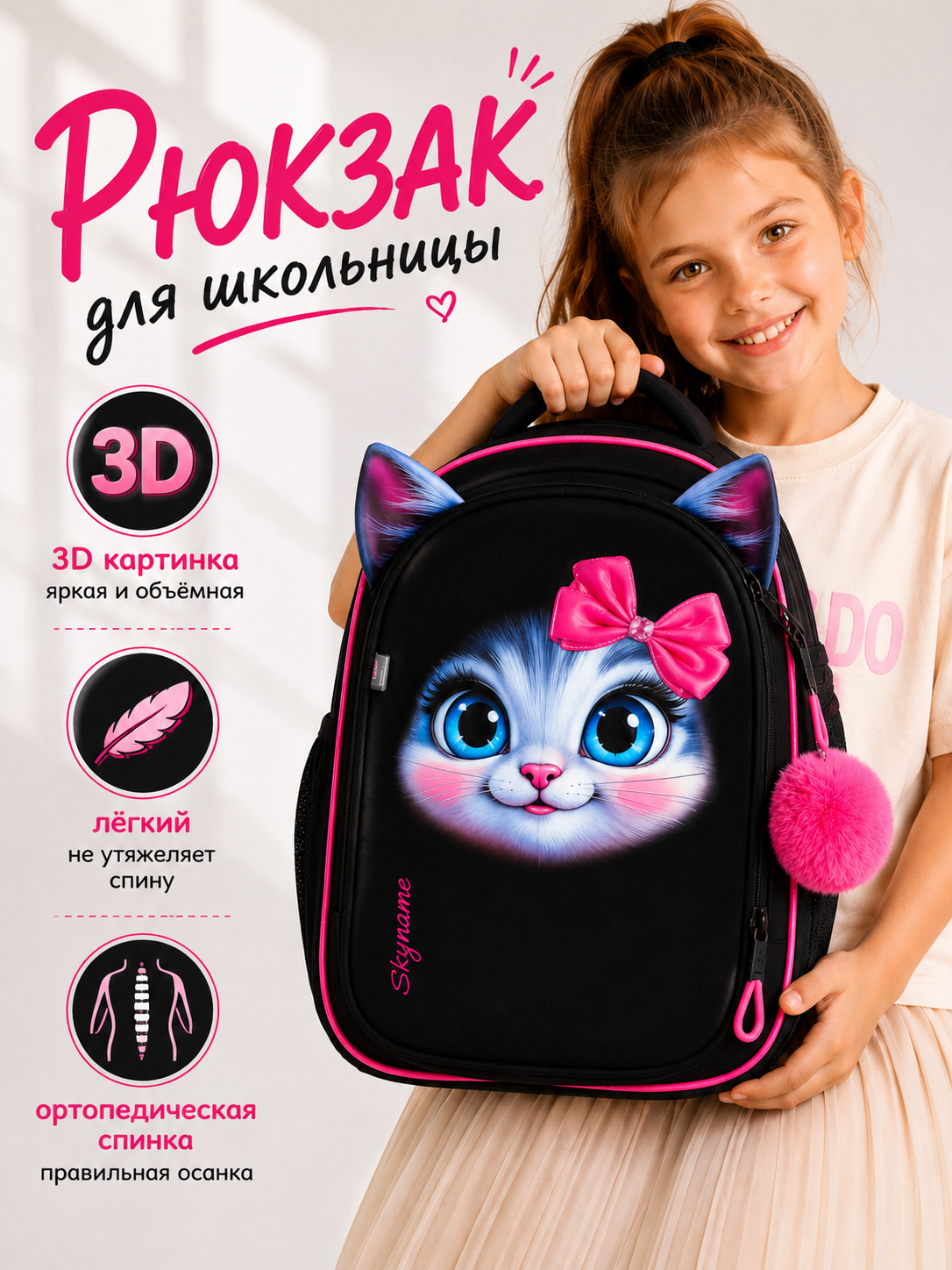 Рюкзак школьный для девочки 1-4 класс + брелок, SkyName (СкайНейм)