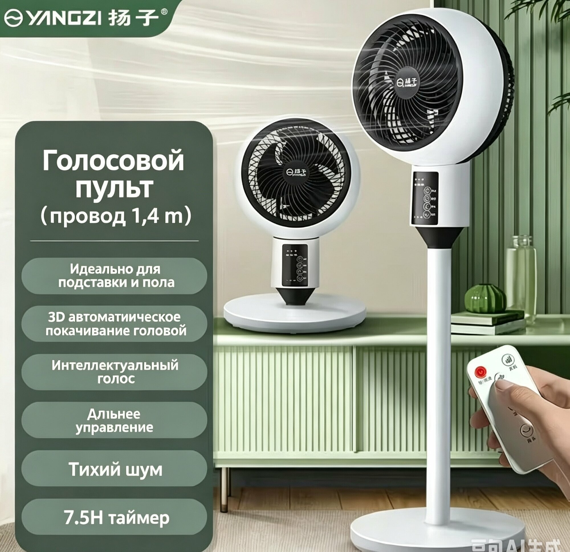 Напольный вентилятор 8b6ce266ecea, 40W, 3 скорости, электронное управление, пульт ДУ, черный