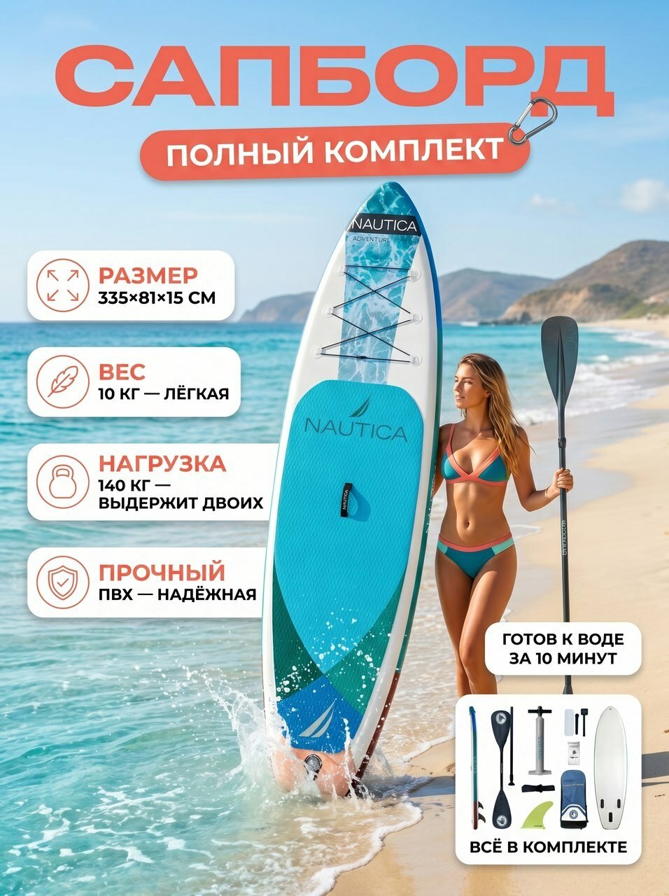 Сапборд надувной, с веслом и насосом, для сапсерфинга, 335х81х15 см, до 140 кг, бело-голубой