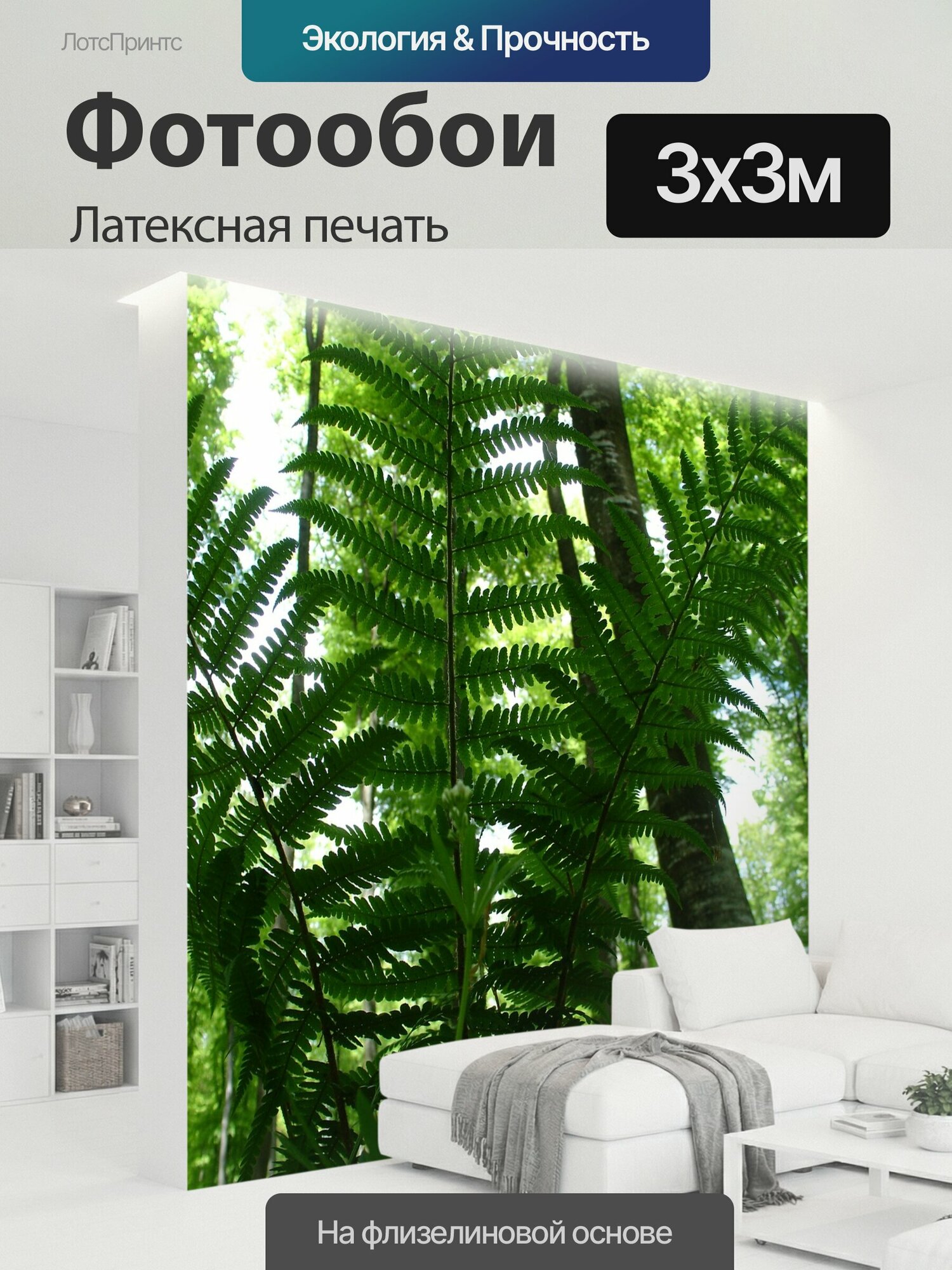 Фотообои моющиеся ударопрочные "Папоротник, лес, лесное растение" 300x300 см. латексная печать