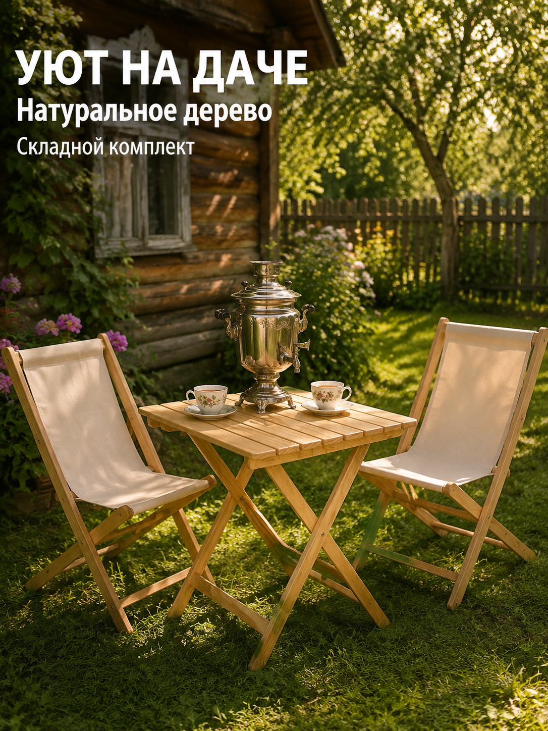 Складной комплект садовой мебели: стол натуральное дерево + 2 стула бежевые, ножки натуральное дерево