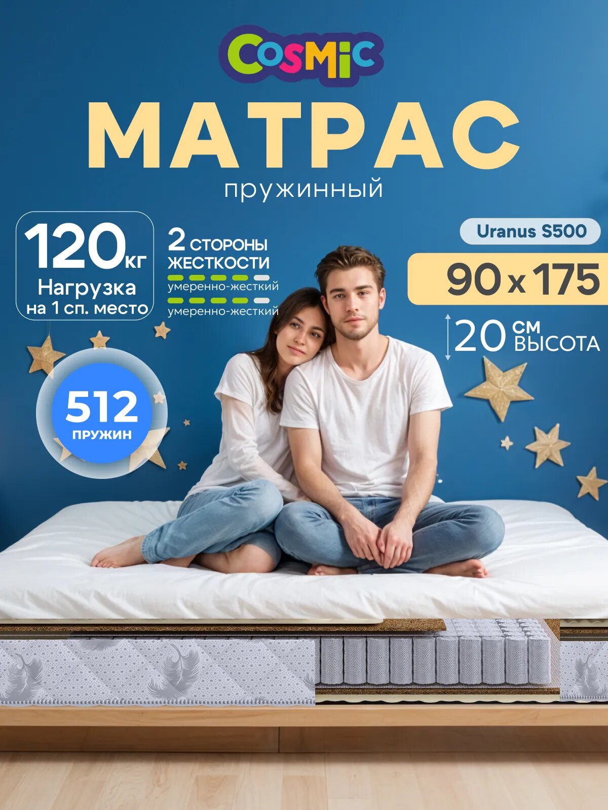 Матрас Cosmic Uranus 90x175 см, пружинный, умеренно-жесткий, высота 21 см, анатомическая поддержка