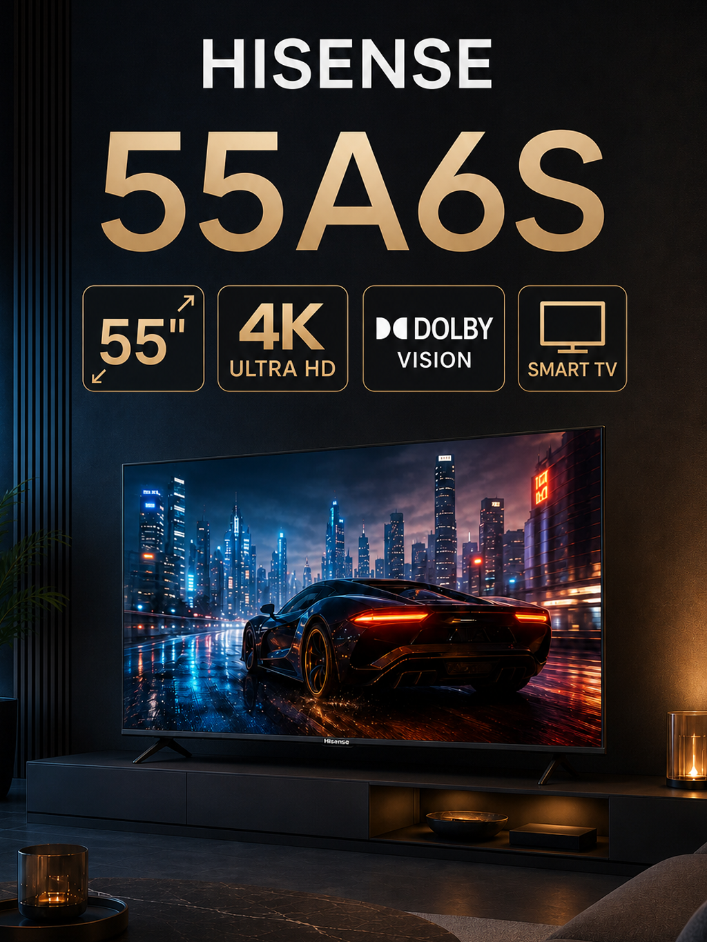 Телевизор Hisense 55A6S, диагональ 55", разрешение 4K, черный