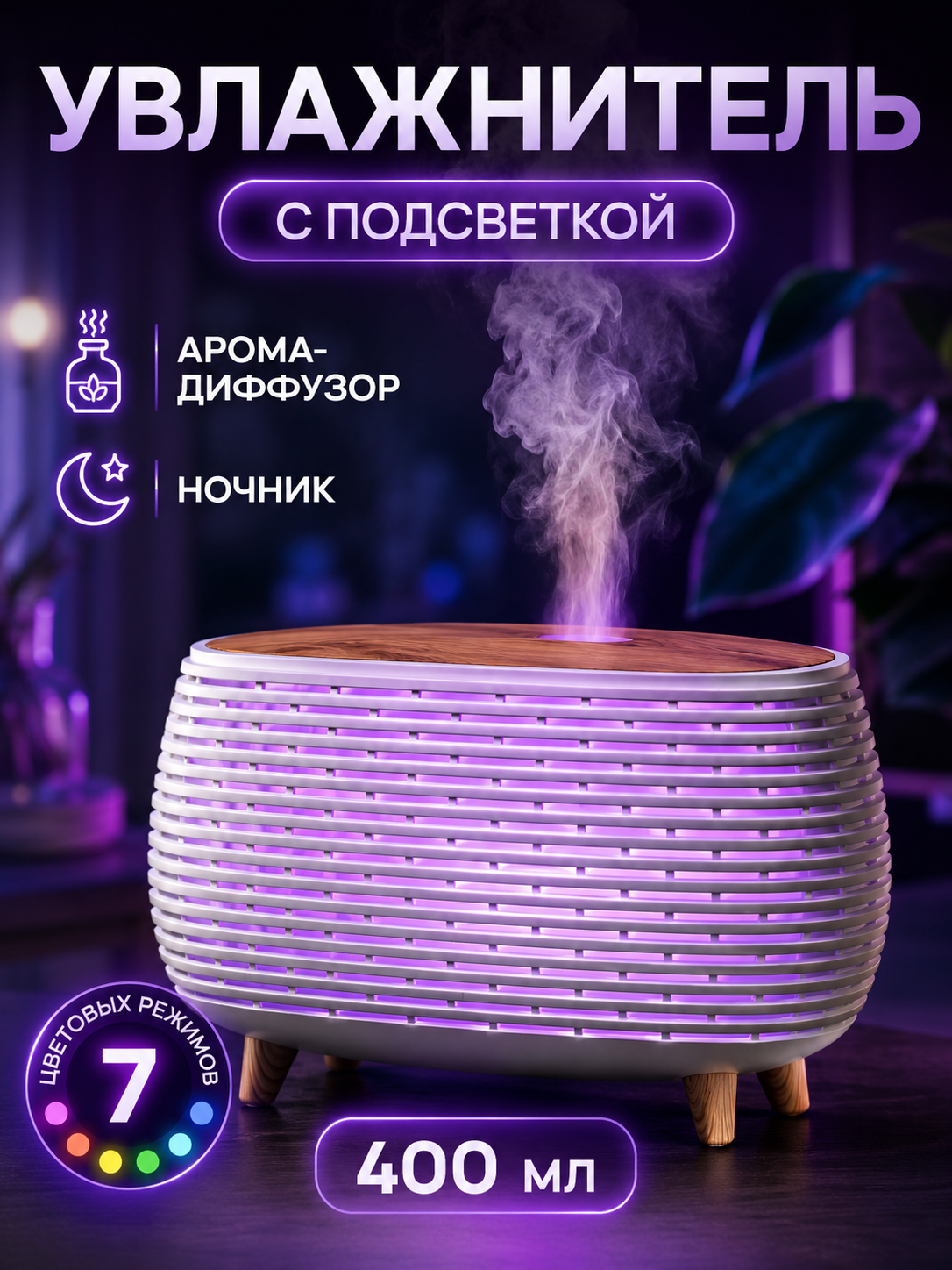 Увлажнитель воздуха ультразвуковой, Аромадиффузор с подсветкой, Увлажнитель воздуха ночник для дома, 400 мл, Белый