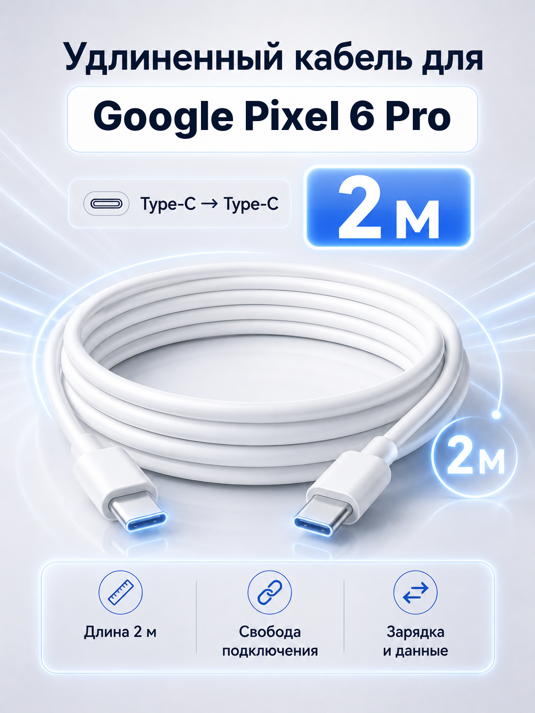 Удлиненный кабель для Google Pixel 6 Pro Type-C на Type-C, 2 м