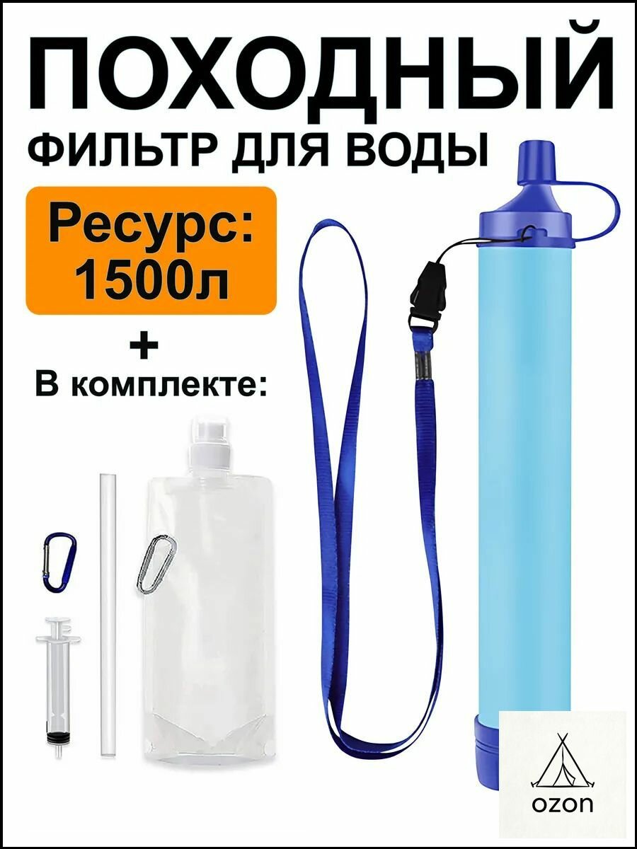 Походный фильтр для воды туристический, ресурс 1500 л, ручной, голубой