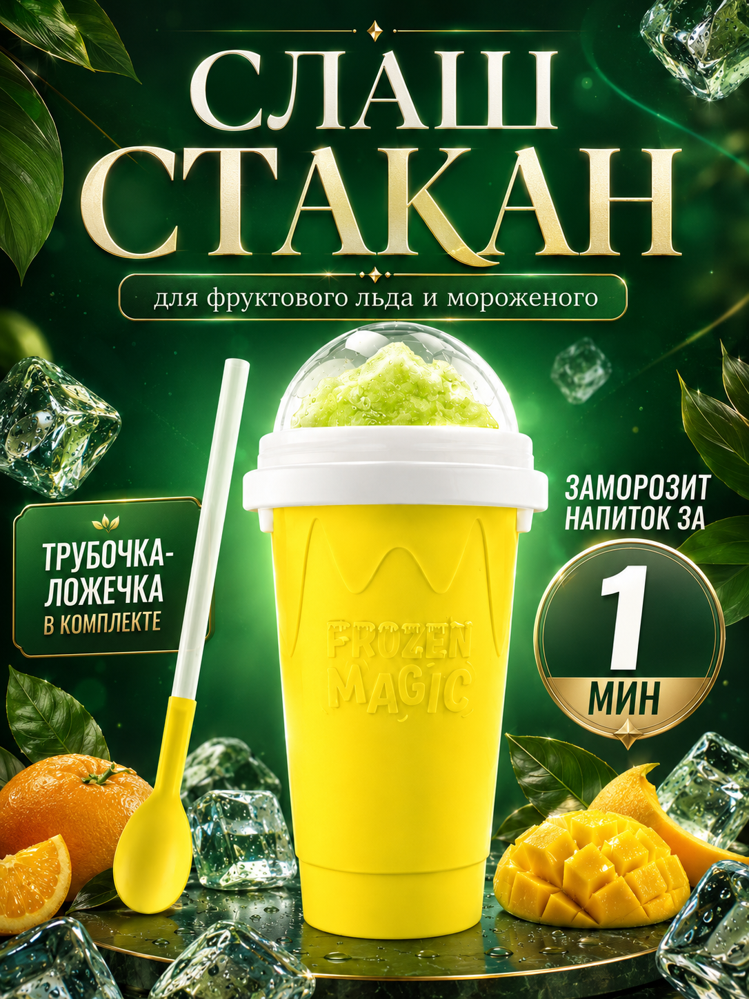 Cтакан для мороженого и заморозки напитков FROZEN, Слаш стакан c трубочкой для фруктового льда и мороженого, Желтый
