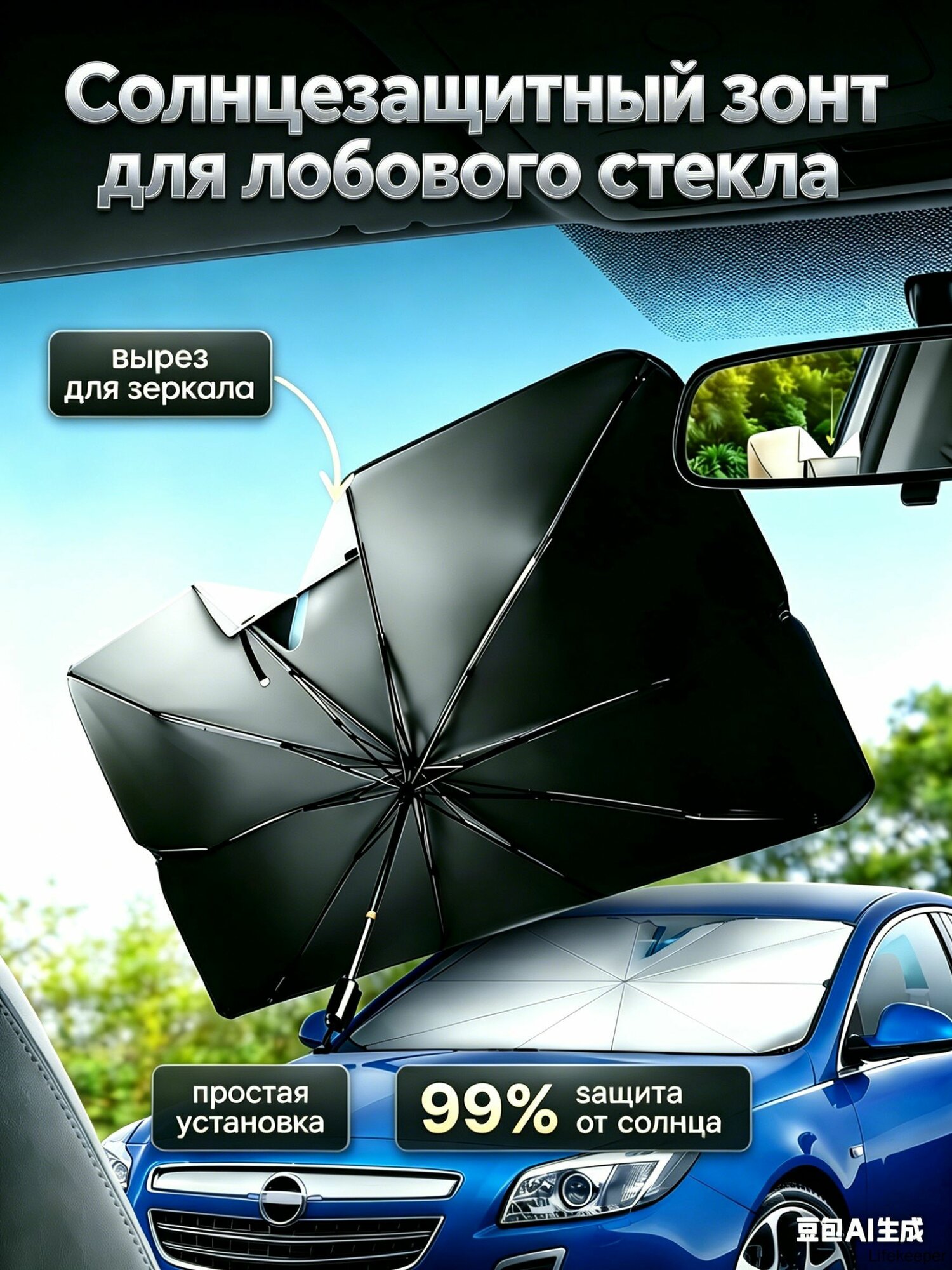 Шторка солнцезащитная 140 см х 79 см с затемнением 99%, капрон и композитный материал, для окон