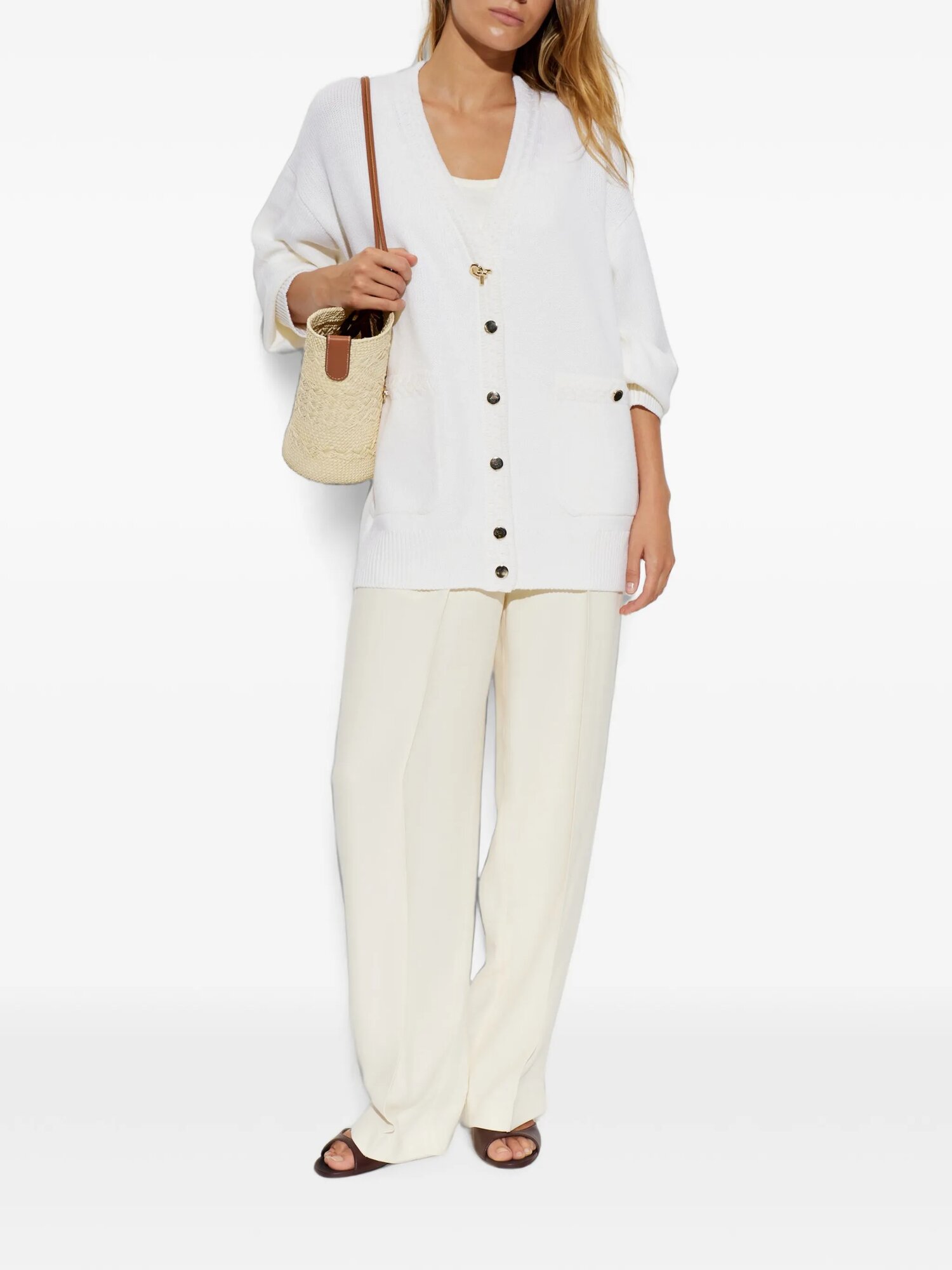 Кардиган FABIANA FILIPPI Patch-pocket V-neck cardigan, размер 44, бежевый/белый — фото 1