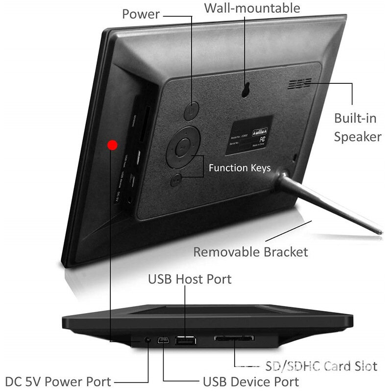 10,1 дюймовый цифровой фотофрейм с IPS-дисплеем 1024x600, черный цвет, портативный для цифровых альбомов