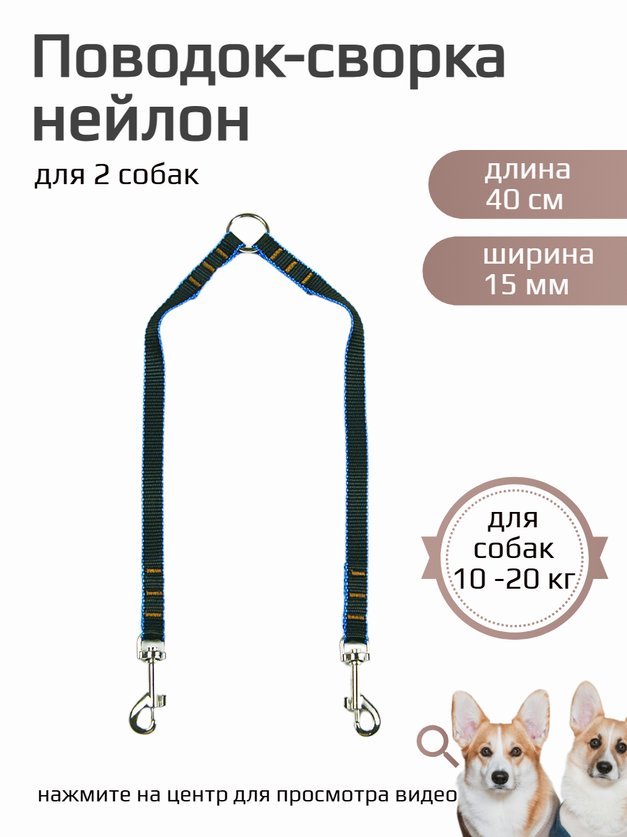 Сворка Хвостатыч для двух собак нейлон 40 см х 15 мм (черно-синий)