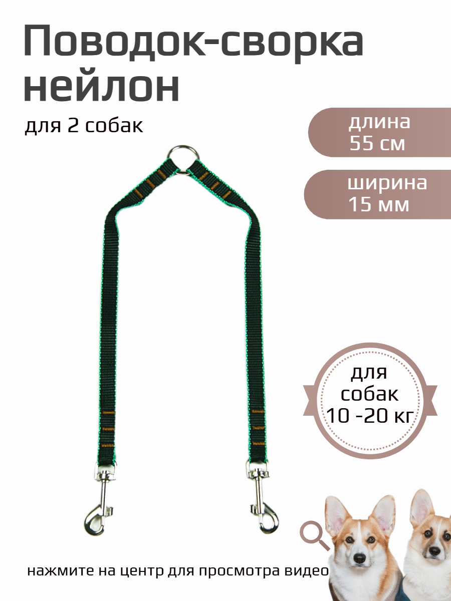Сворка Хвостатыч для двух собак нейлон 55 см х 15 мм (зелено-черный)