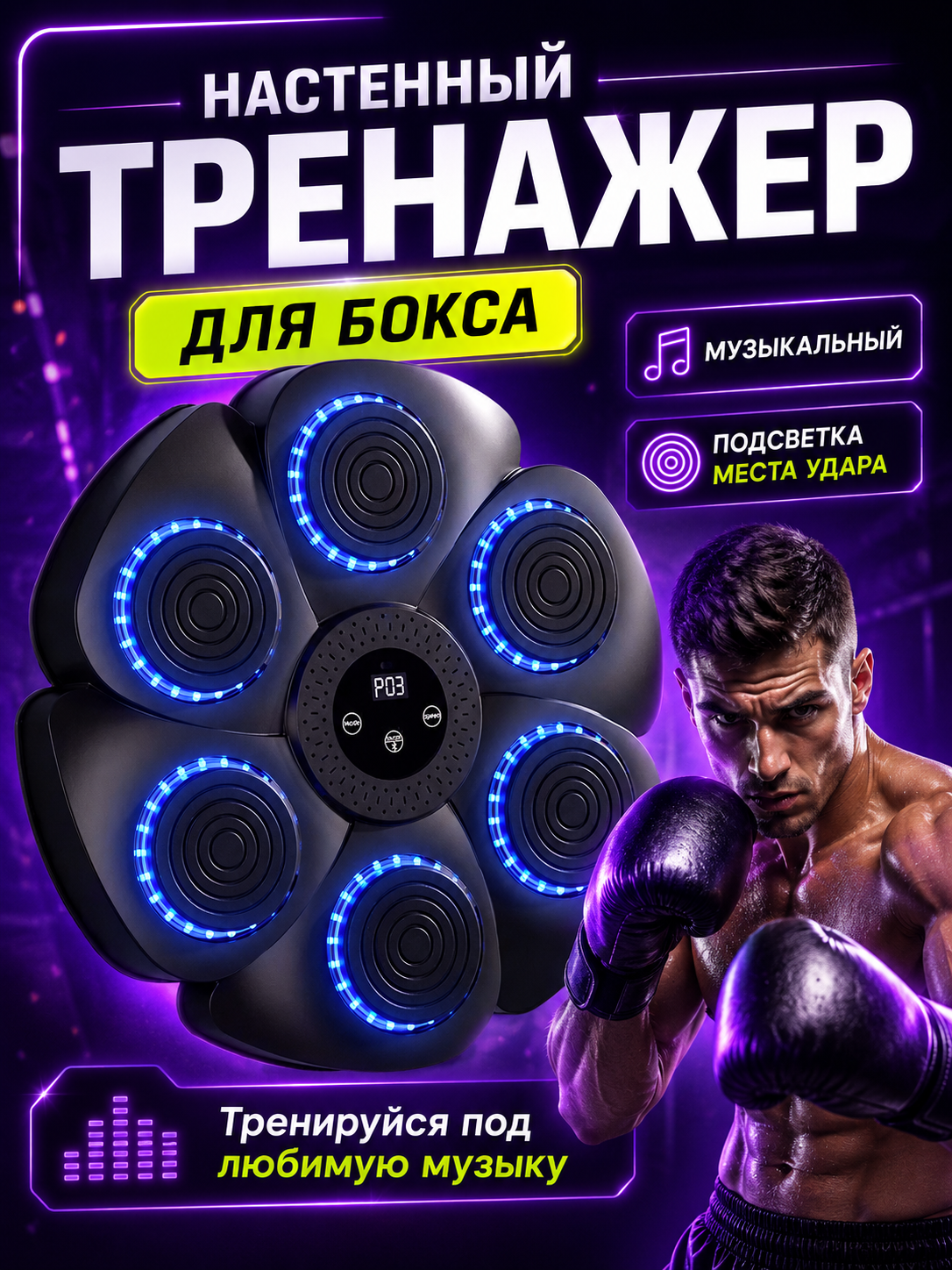 Настенный электронный Боксерский тренажер музыкальный, Интерактивный тренажер с музыкой для бокса, Черный