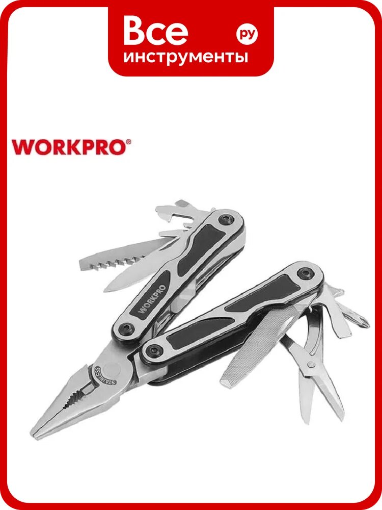 Многоцелевые плоскогубцы WORKPRO 15в1, 150 мм WP382009, нержавеющая сталь, серый