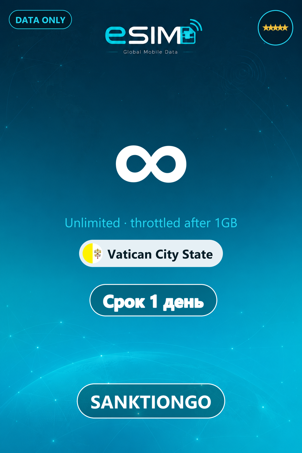 ESIM Ватикан — безлимит интернета на 1 день, туристическая сим-карта для интернета в поездках