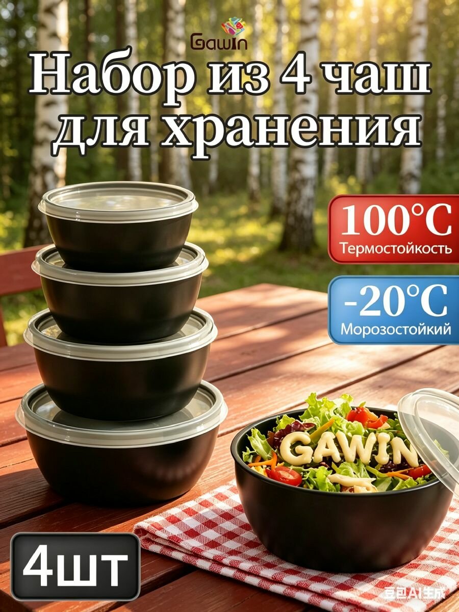 Товар для повседневного использования, GAWIN Набор круглых пластиковых контейнеров для еды с крышками, 4 шт, подбор по