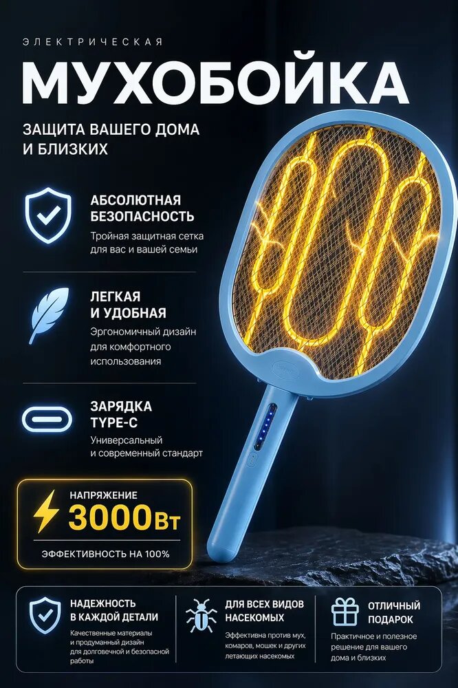 Мухобойка электрическая от комаров и насекомых, мухоловка синяя складная Blue-LTD658