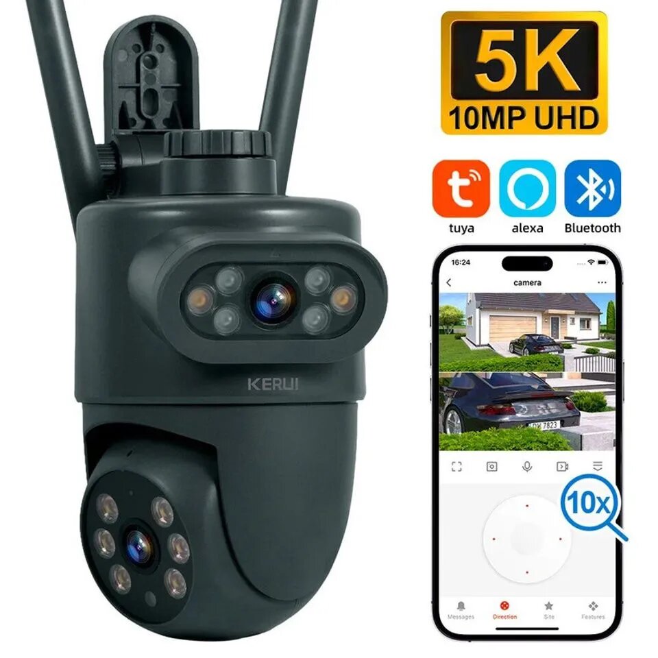 Наружная двухобъективная камера KERUI 10MP 5K HD PTZ CCTV домашняя камера безопасности с двусторонним обнаружением звука