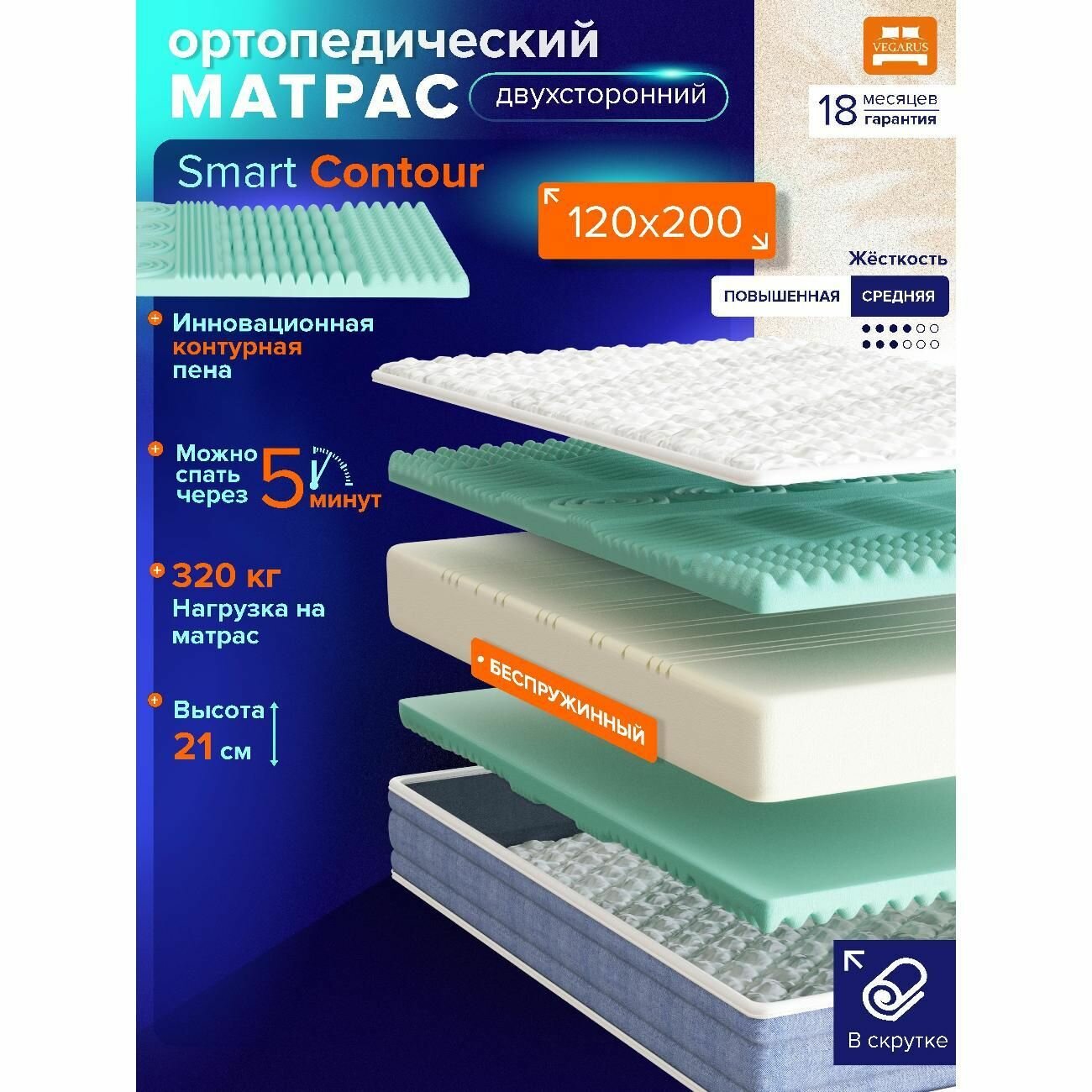 Матрас VEGARUS Матрас Smart kontоur 120х200 на кровать беспружинный ортопедический