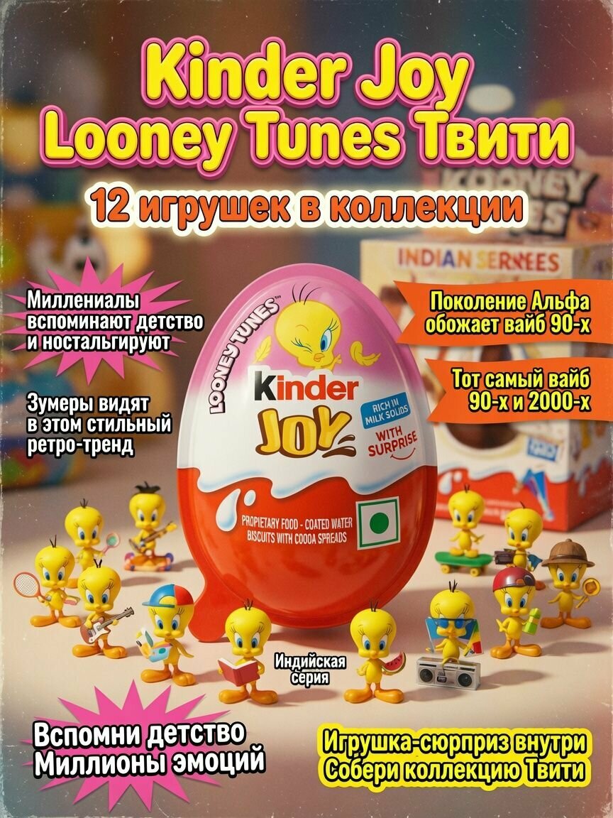 Kinder Joy Looney Tunes Tweety с игрушкой-сюрпризом, набор шоколадных яиц 3 шт.