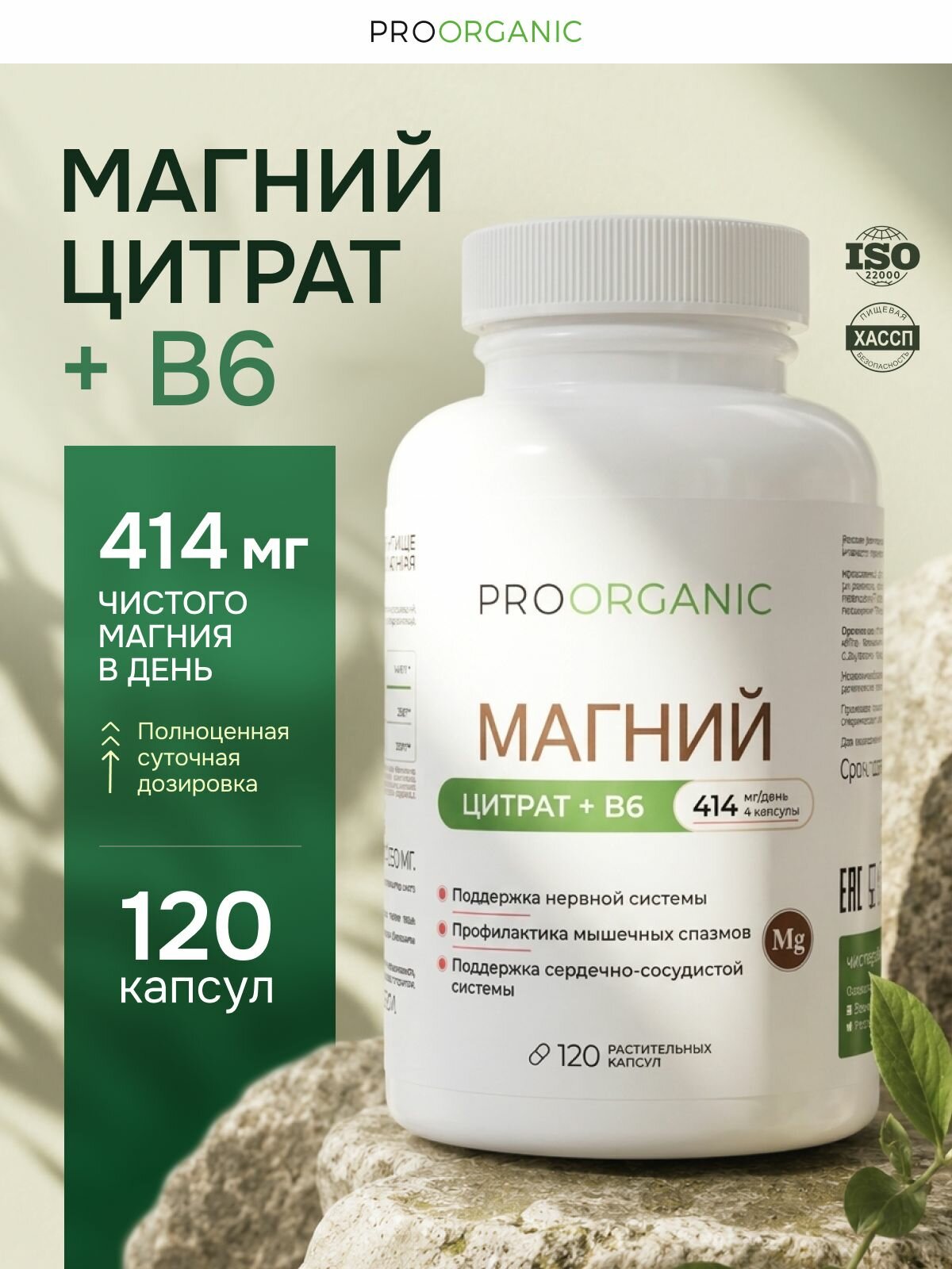 Магний цитрат В6, Magnesium Citrate, 120 растительных капсул, PROORGANIC