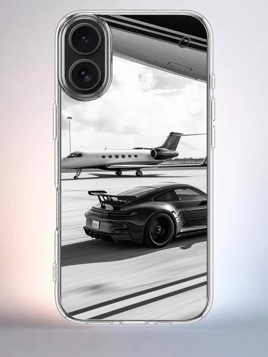 Чехол iPhone 16 Porsche и джет силиконовый прозрачный