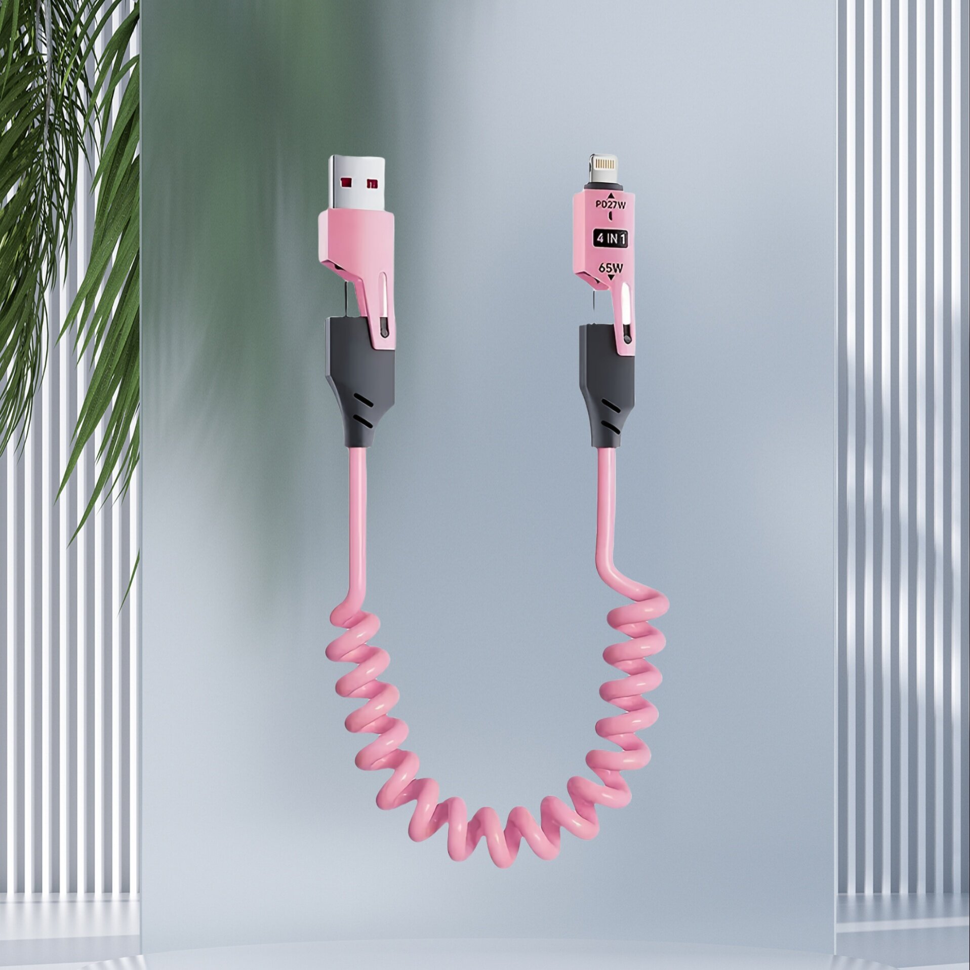 Выдвижной кабель для зарядки 4 в 1 с разъёмами USB-A, Type-C и Lightning, со светодиодной индикацией и поддержкой быстрой зарядки до 27 Вт, розовый