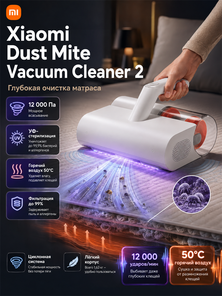 Пылесос для мебели от шерсти и клещей Xiaomi Dust Mite Vacuum Cleaner 2 RU,12000 Па, Горячая сушка 50°С, EAC