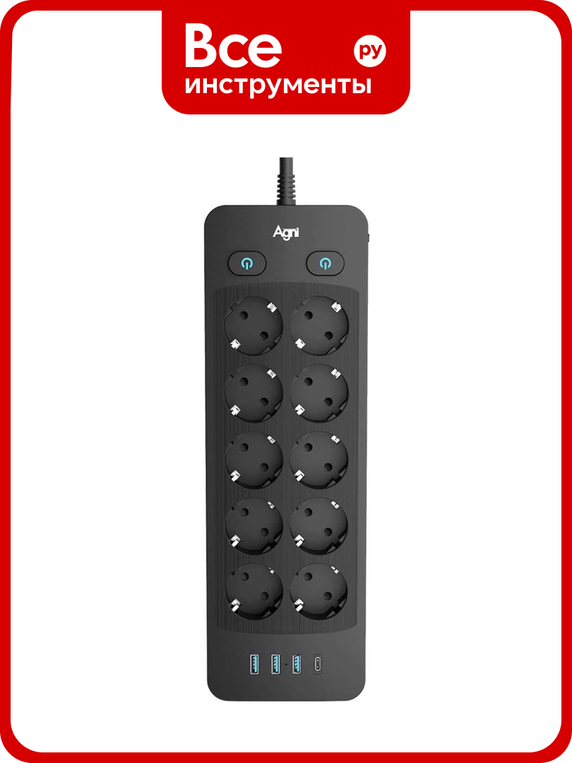 Сетевой фильтр AGNI плоский 10 розеток c кабелем 2м, черный,4 USB TP-FO4U10E-С-2m-black