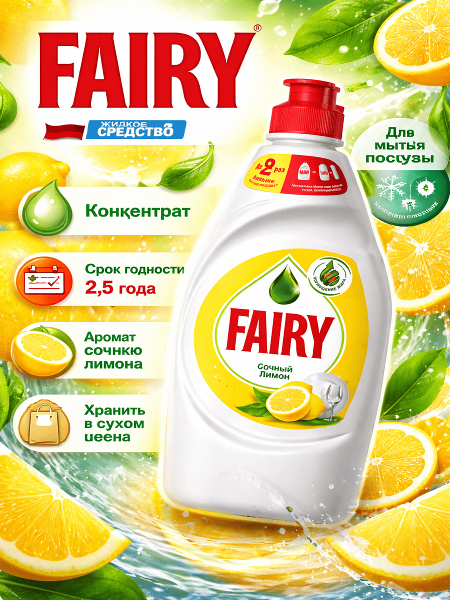 Средство для мытья посуды Fairy Сочный лимон, 450мл