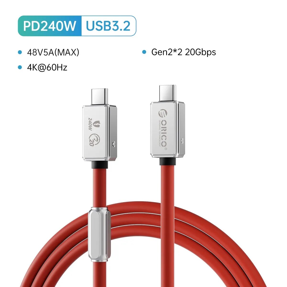 ORICO USB4 кабель 1м, Красный, 240Вт, USB3.2