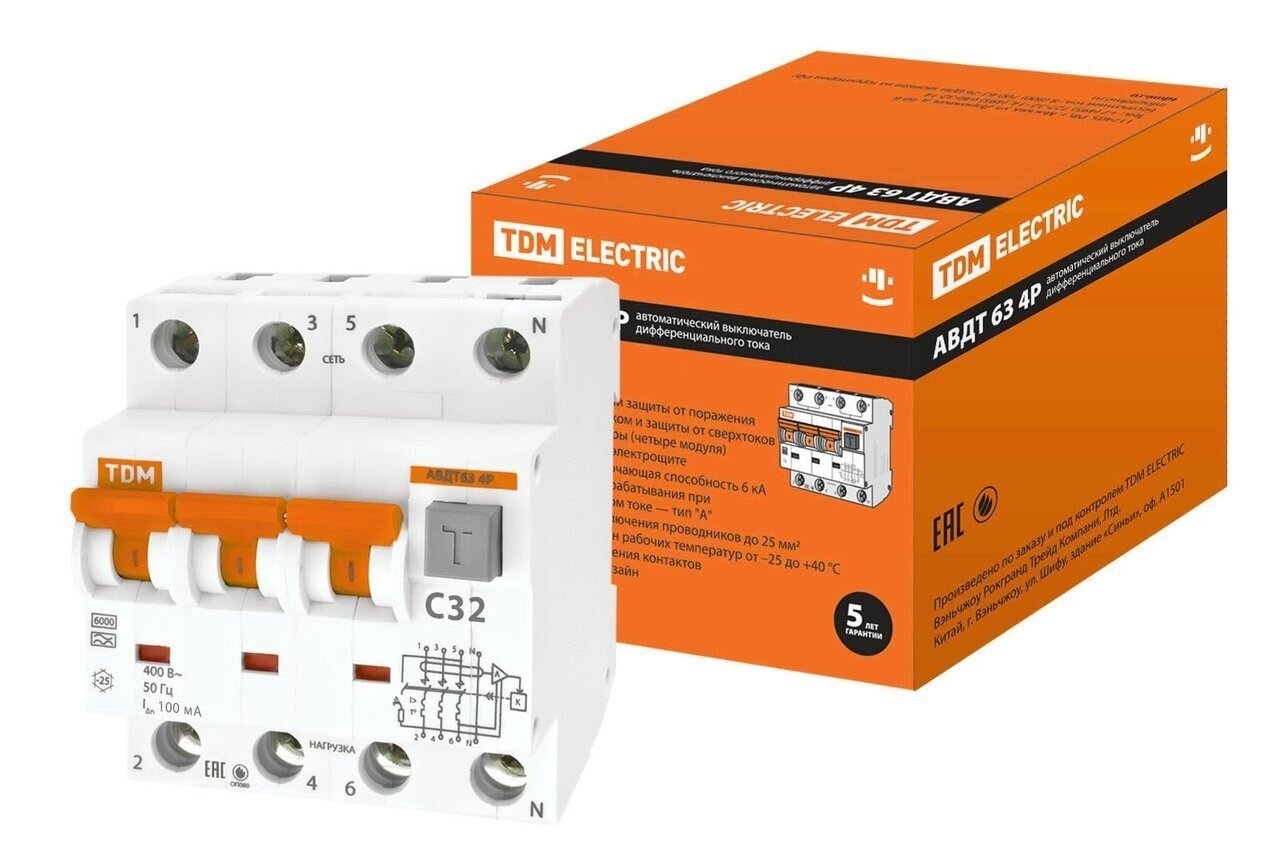 Выключатель автоматический TDM Electric 63 4P(3Р+N) C32 30мА 6кА тип А (SQ0202-0019)
